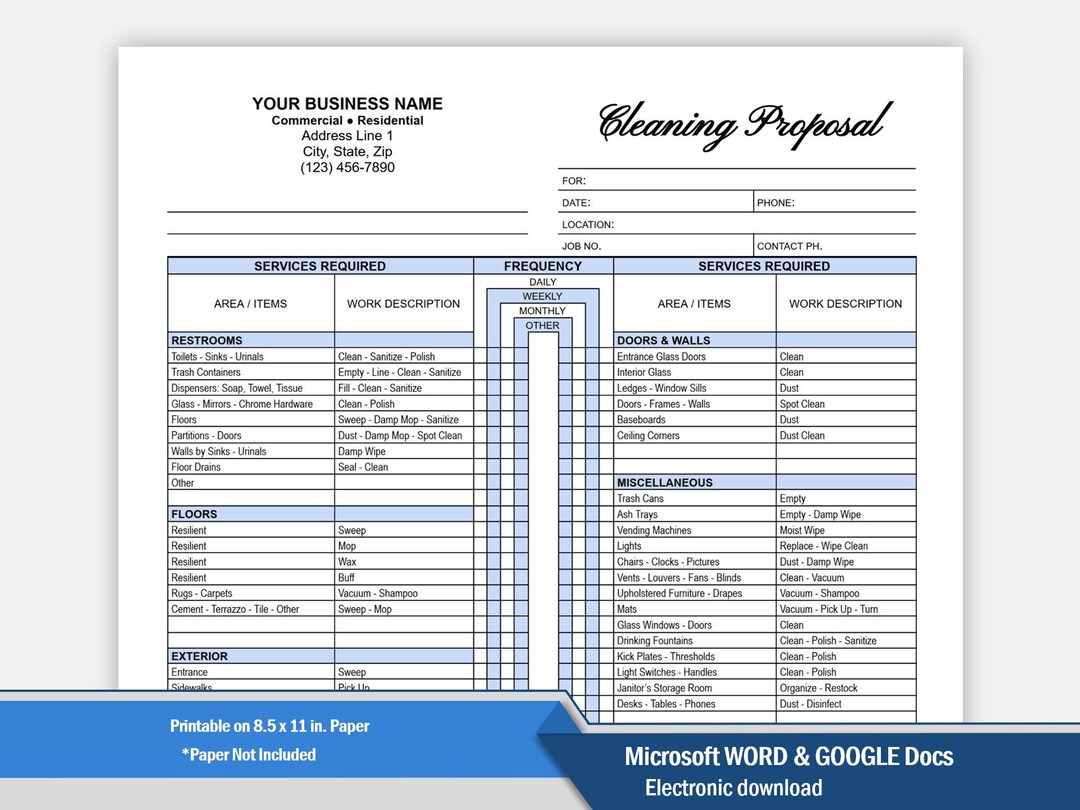 Classy Cleaning Proposal Template WORD Blue Commercial - Etsy