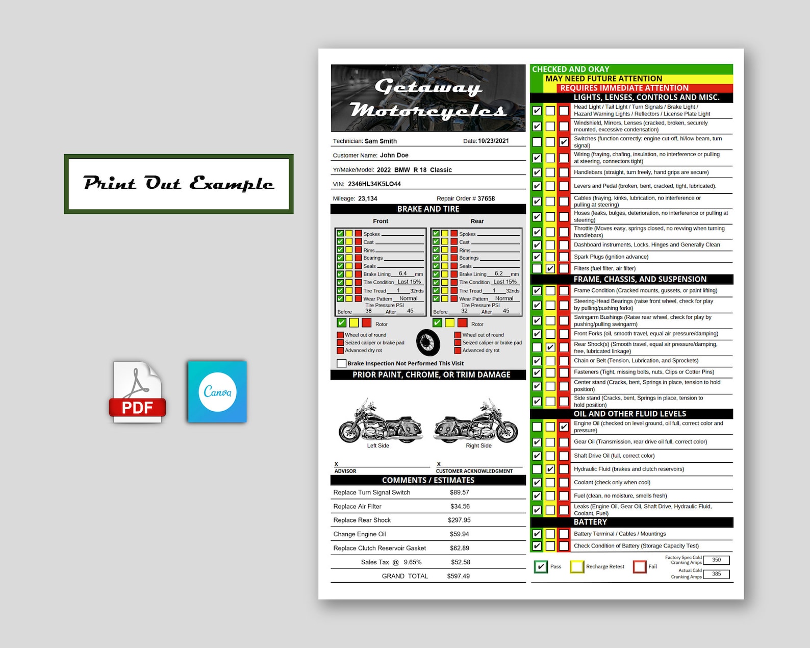 Visual Motorcycle Inspection Report Fillable PDF Multi-point Motorcycle ...