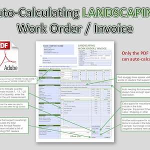 Landscaping Invoice or Work Order, Printable, Editable Invoice or ...