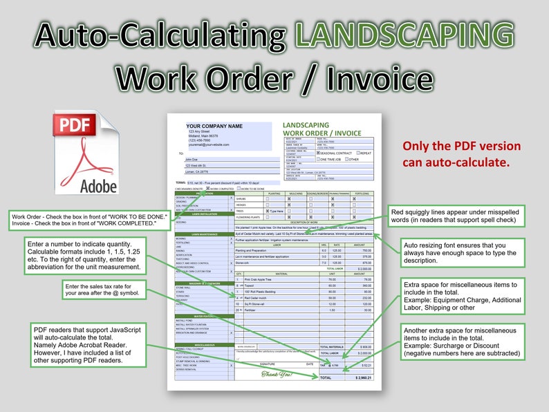 Landscaping Invoice or Work Order, Printable, Editable Invoice or ...