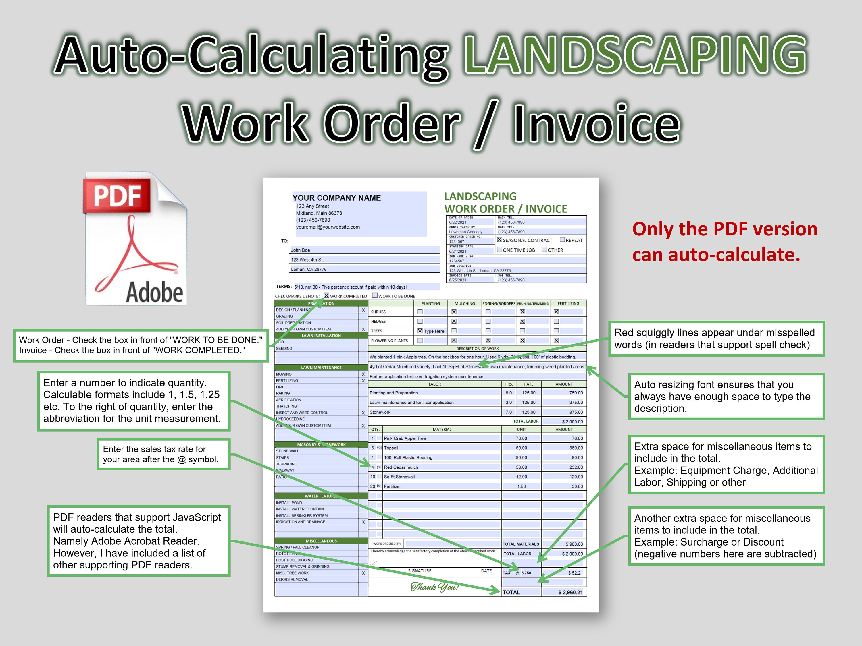 Landscaping Invoice or Work Order, Printable, Editable Invoice or ...