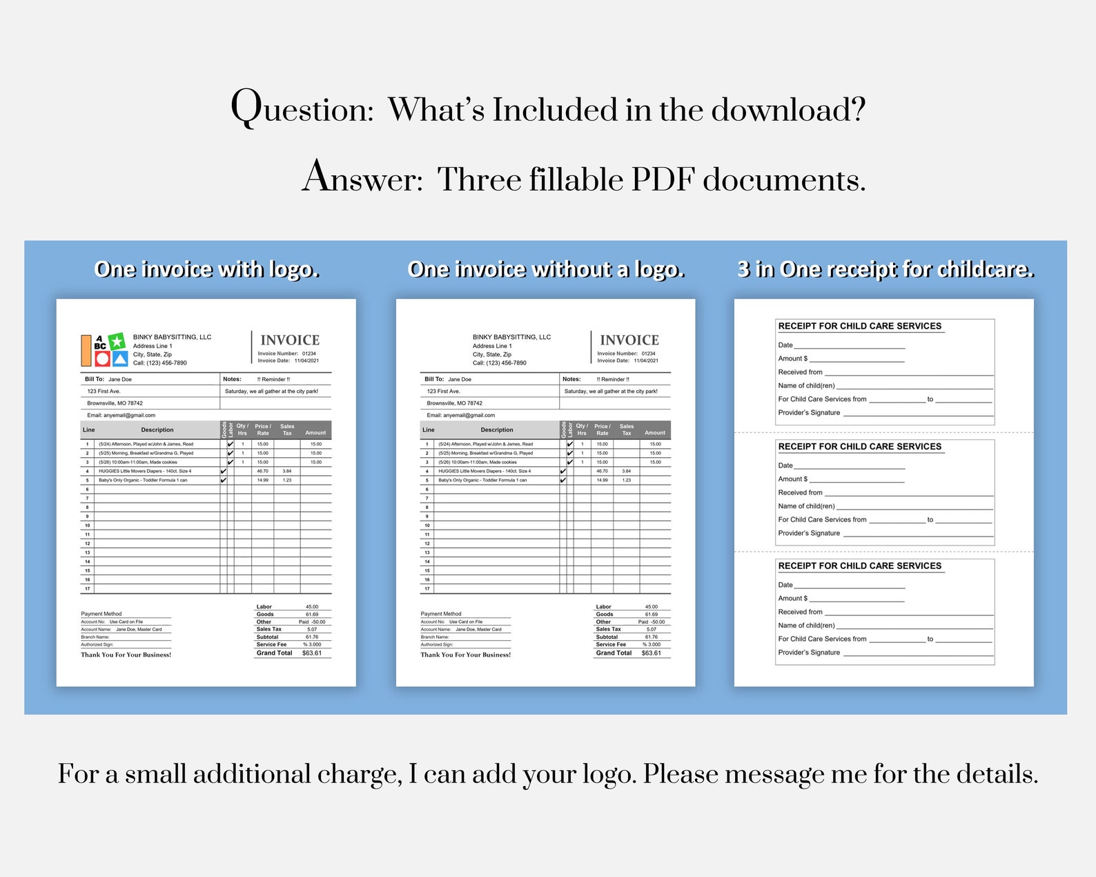Childcare Invoice & Receipts, Babysitting nanny Service Invoice ...