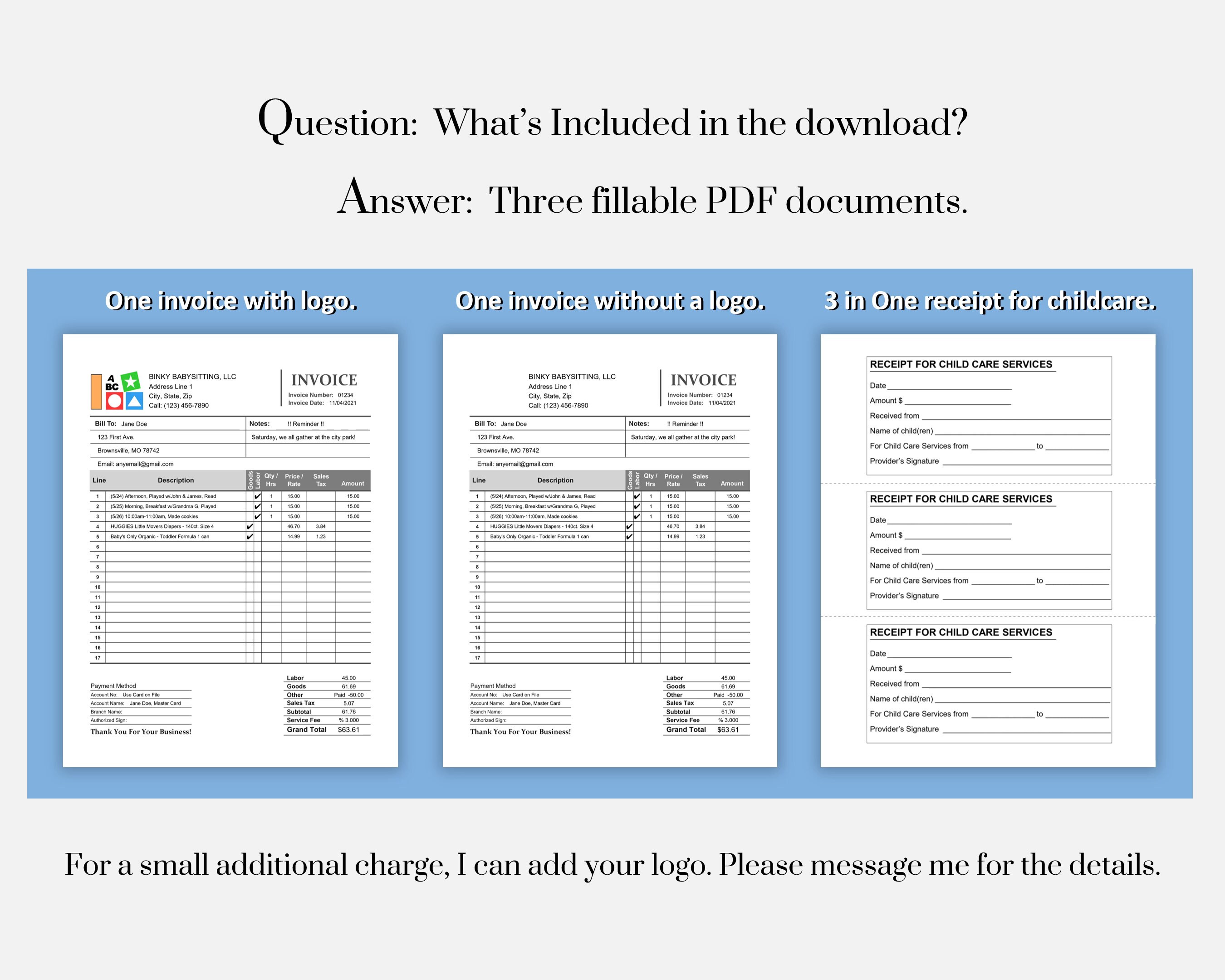 Childcare Invoice & Receipts, Babysitting nanny Service Invoice ...