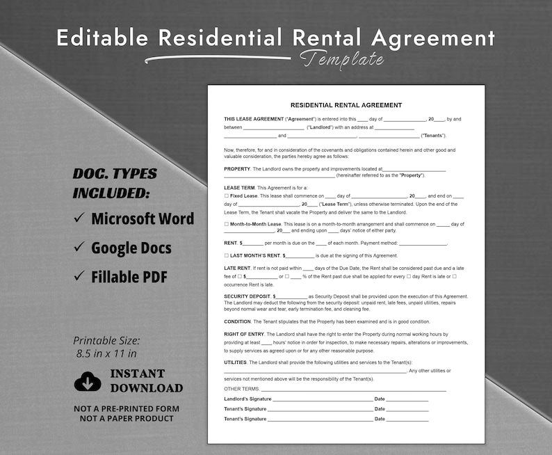 Editable Residential Rental Agreement Template. Optional Month-to-month ...