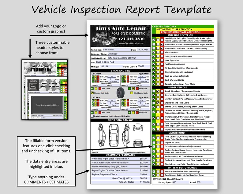 Visual Vehicle Inspection Report Fillable PDF Multi-point - Etsy UK
