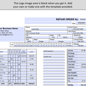 Auto Repair Order or Bill, Ticket, Invoice, Estimate and Auto Repair ...