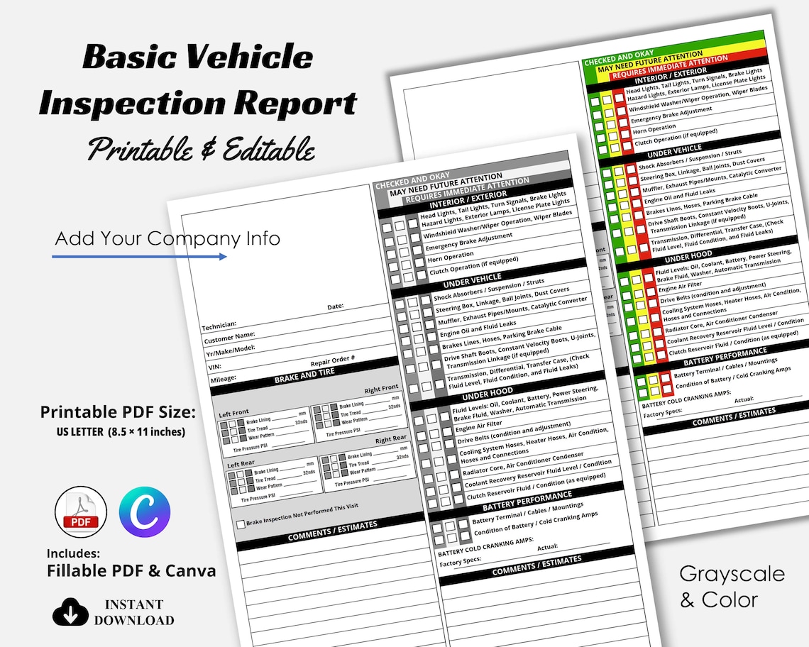 PDF Printable Vehicle Inspection Report CANVA Template - Etsy Australia