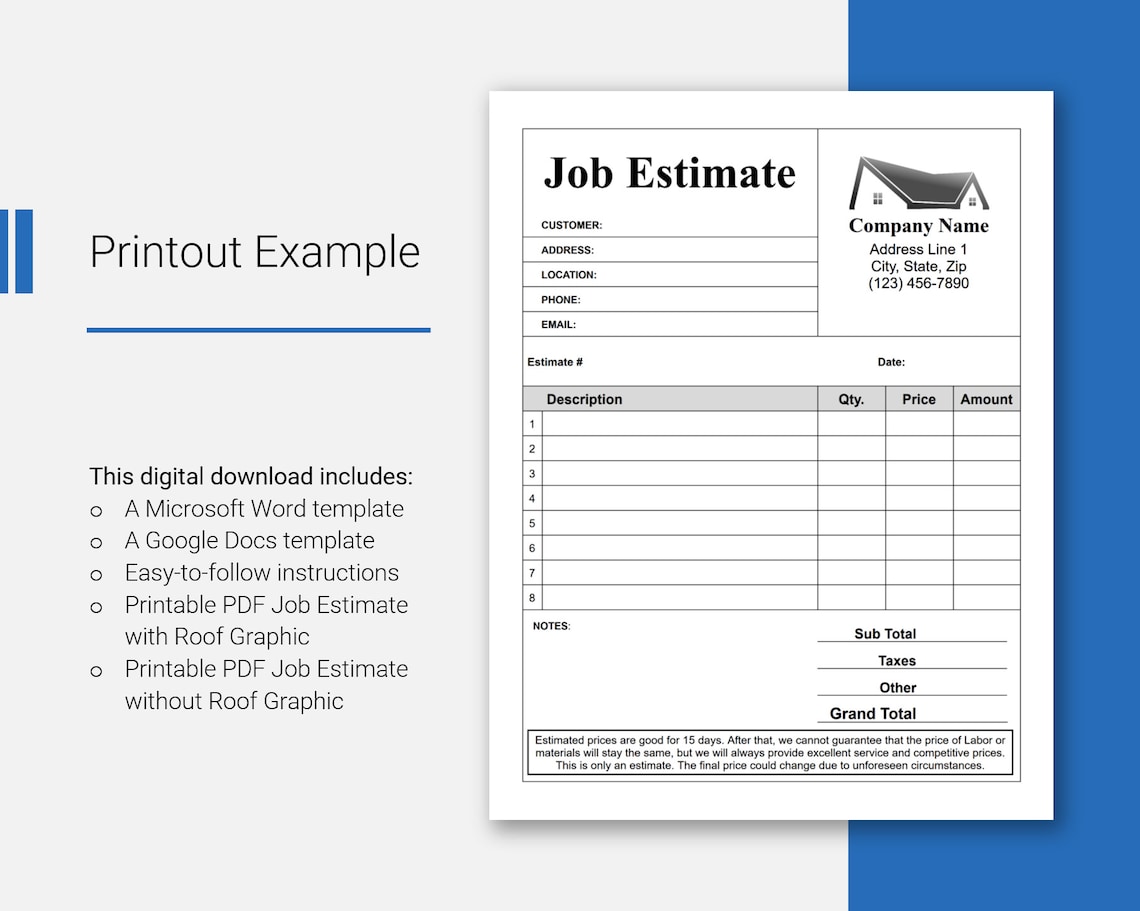 Job Estimate Template Printable Job Estimate Template PDF - Etsy