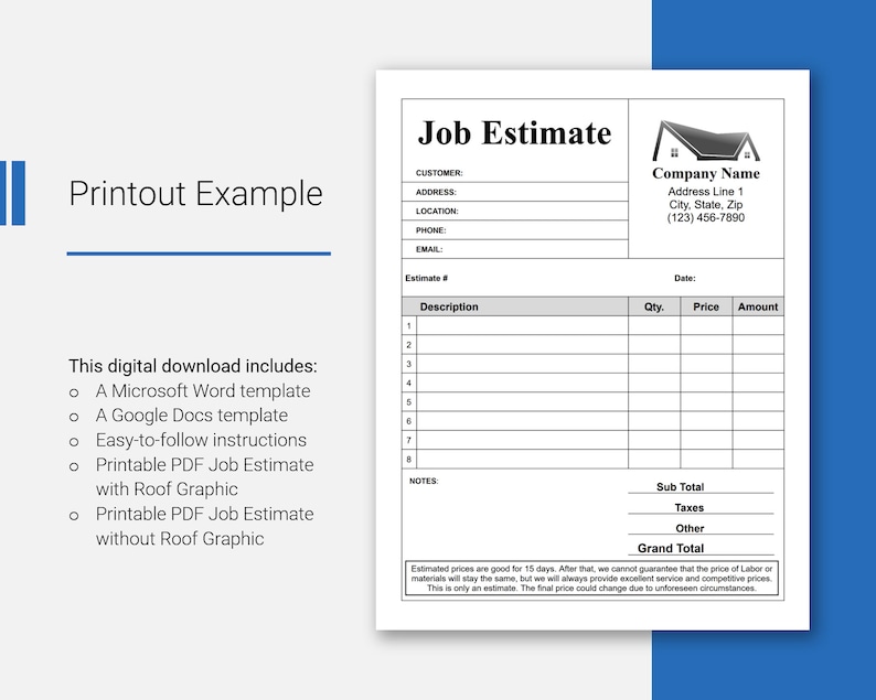 Job Estimate Template Printable Job Estimate Template PDF - Etsy