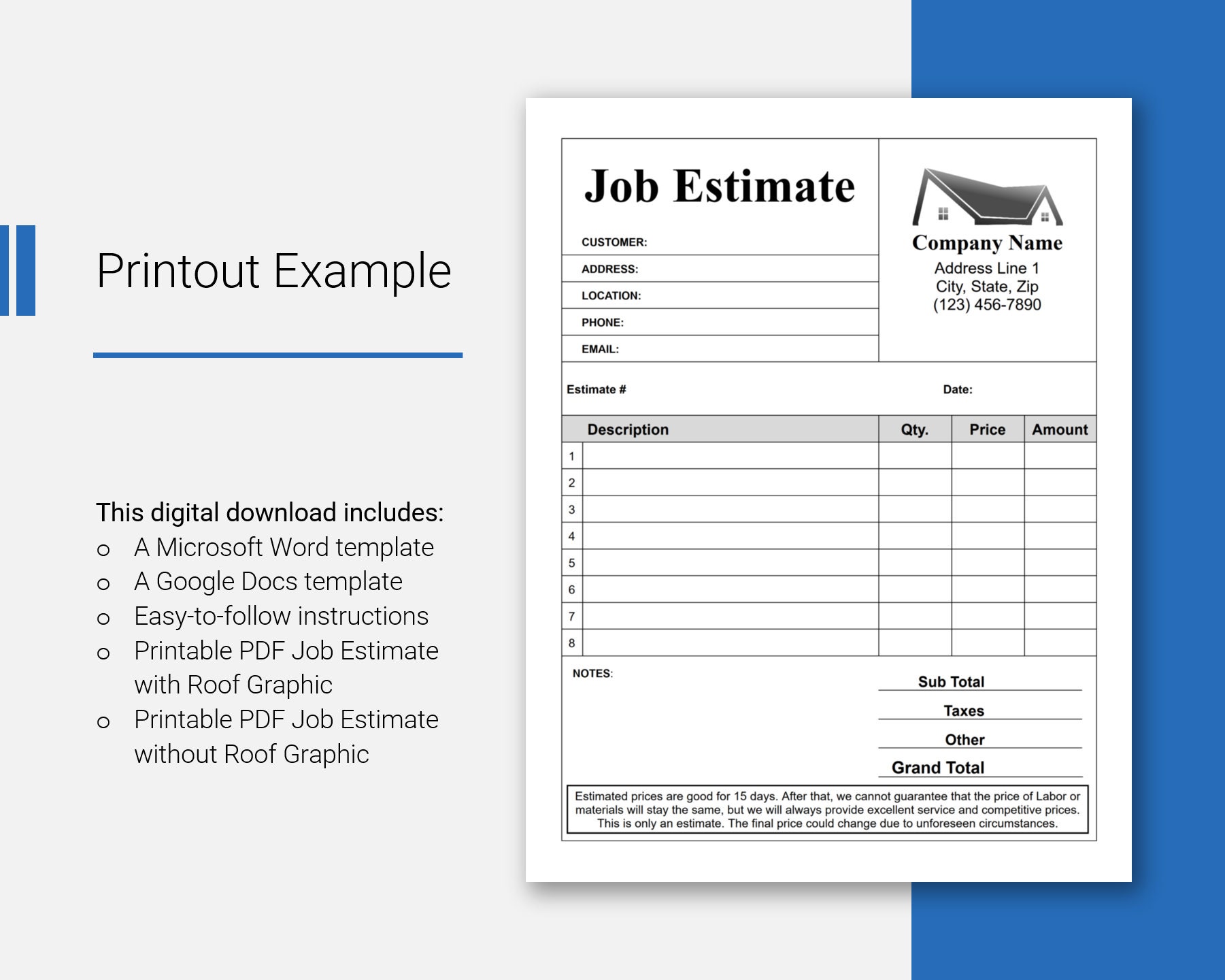 Job Estimate Template Printable Job Estimate Template PDF - Etsy