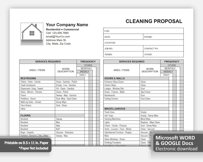 Gray Cleaning Proposal Template WORD, Commercial Cleaning Checklist ...