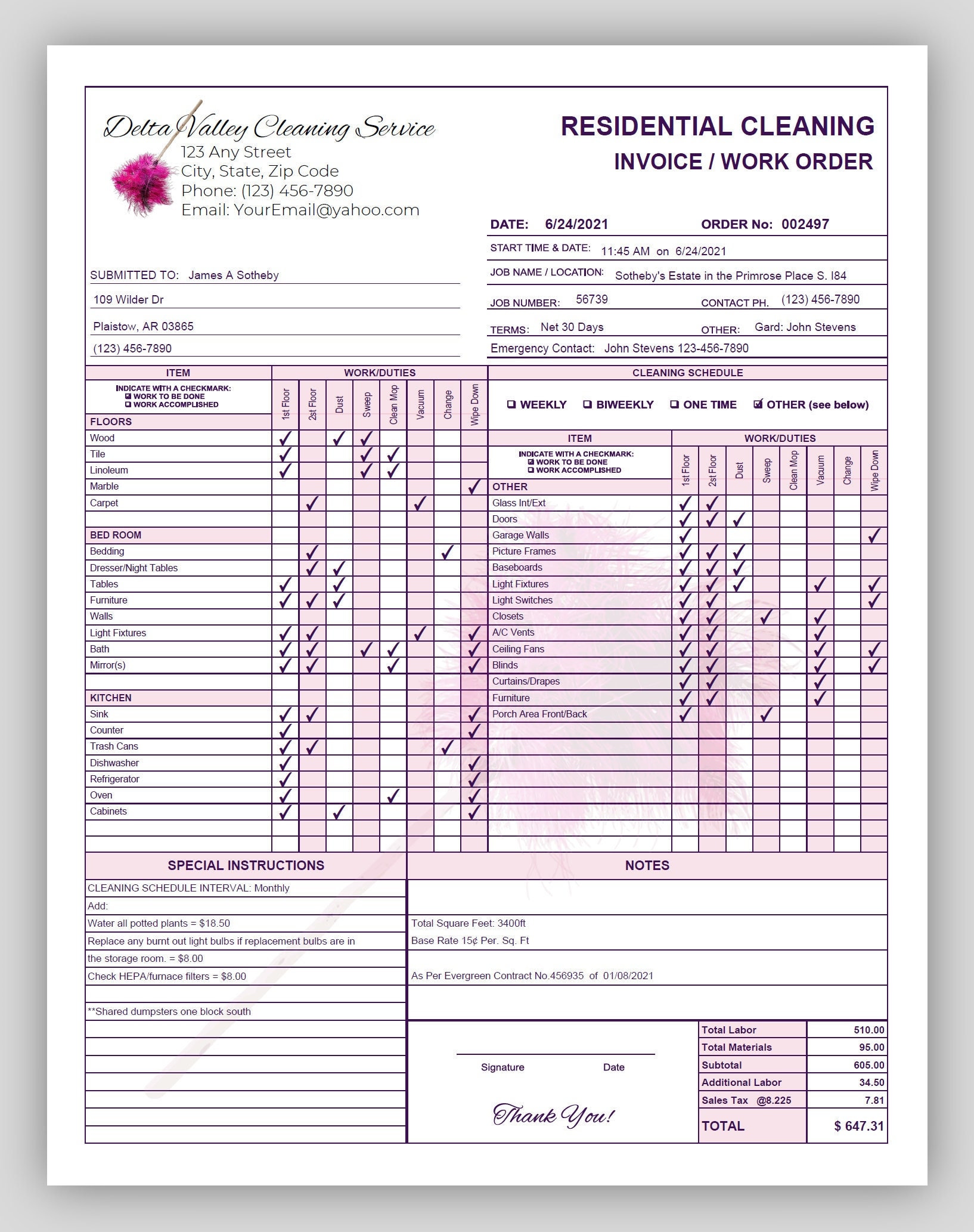 Designer Residential Cleaning Invoice Template in Wine and - Etsy
