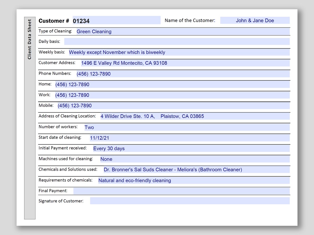 Cleaning Business Customer Data Sheet, Includes Editable Adobe Acrobat ...