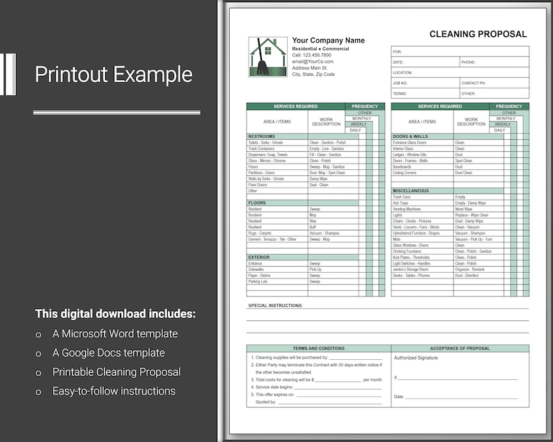 Green Cleaning Proposal Template WORD, Commercial Cleaning Checklist ...