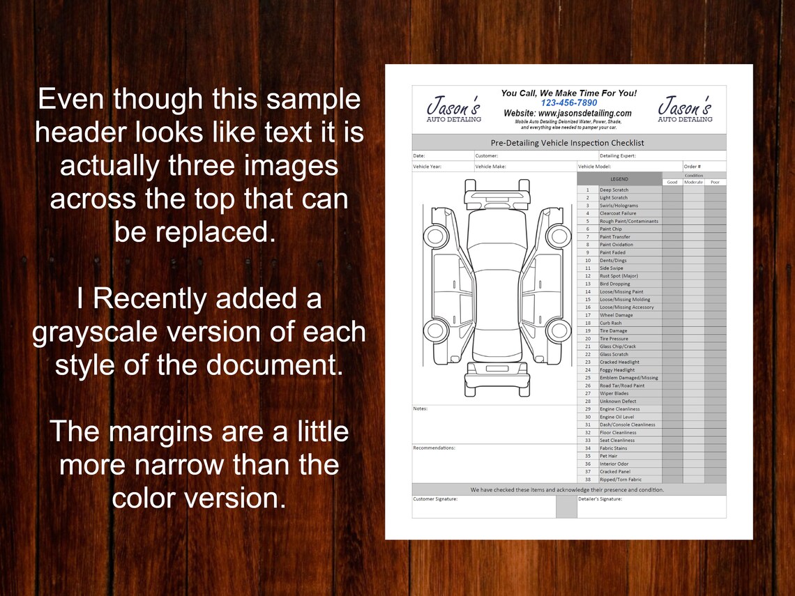 Pre-detailing Vehicle Inspection Checklist Form - Etsy