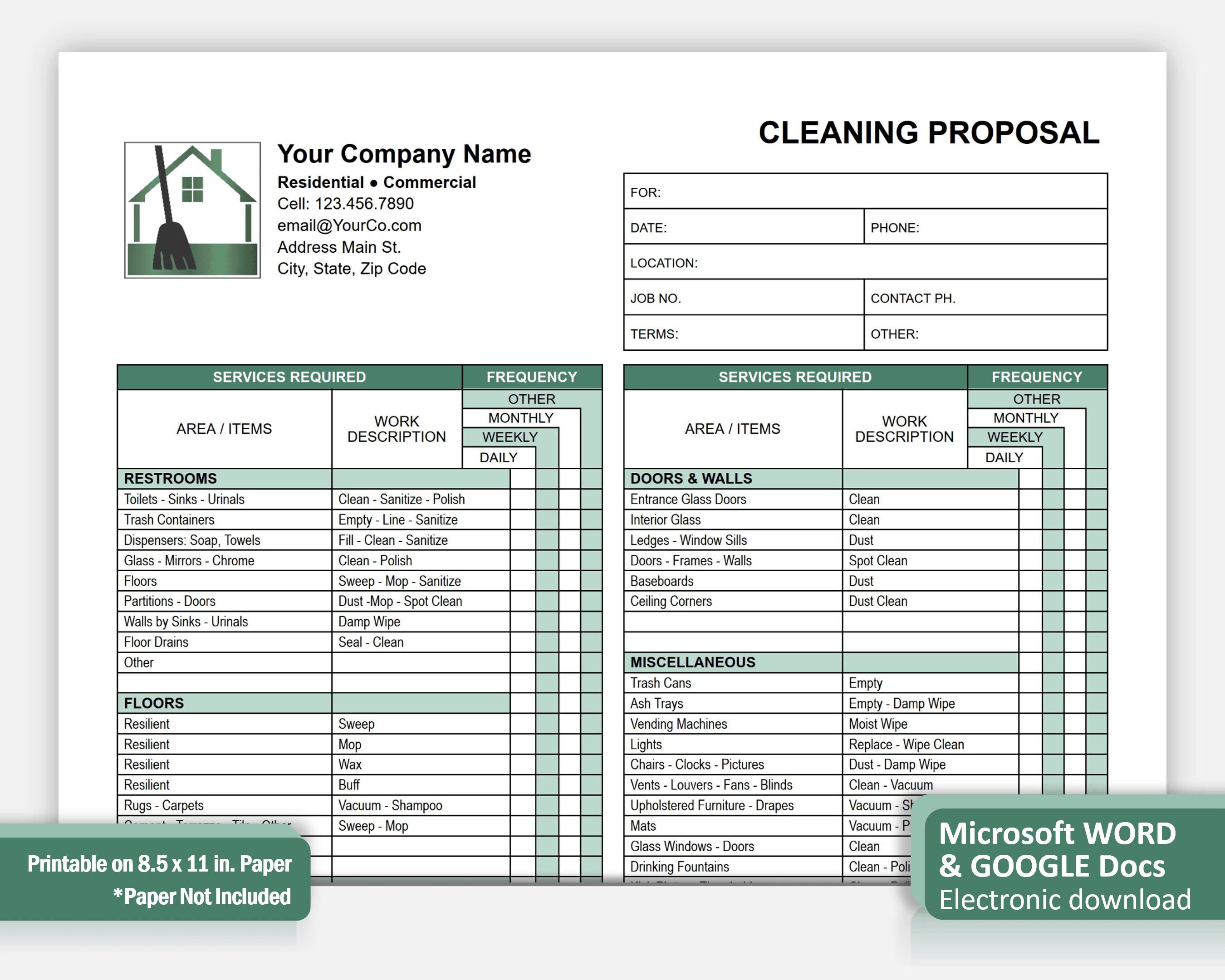 Green Cleaning Proposal Template WORD, Commercial Cleaning Checklist ...