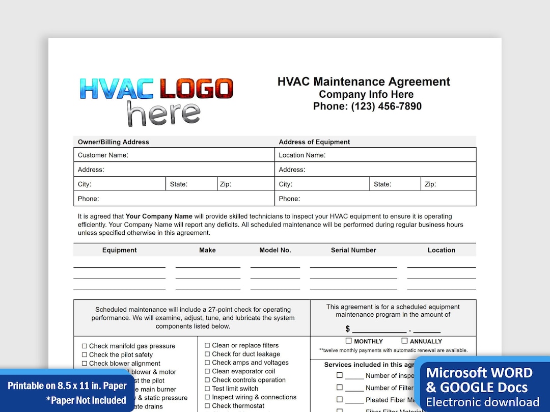 HVAC Maintenance Agreement Template Preventative Maintenance - Etsy