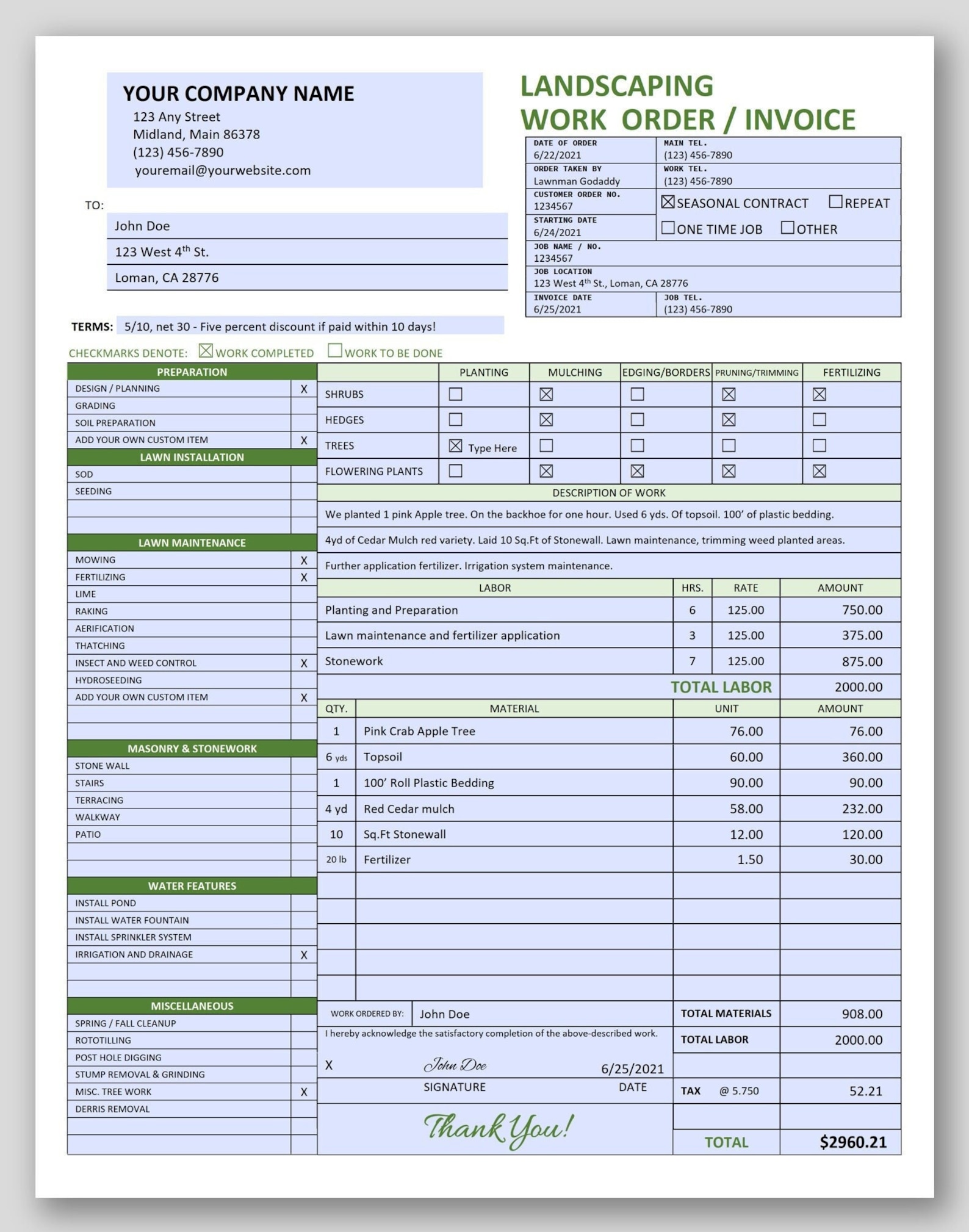 Landscaping Invoice or Work Order, Printable, Editable Invoice or ...