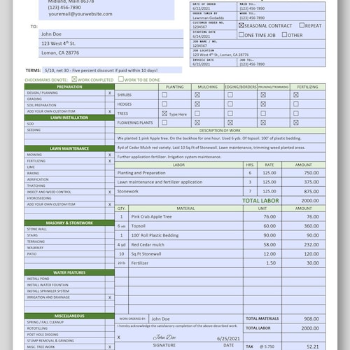 Landscaping Invoice or Work Order Printable Editable Invoice - Etsy