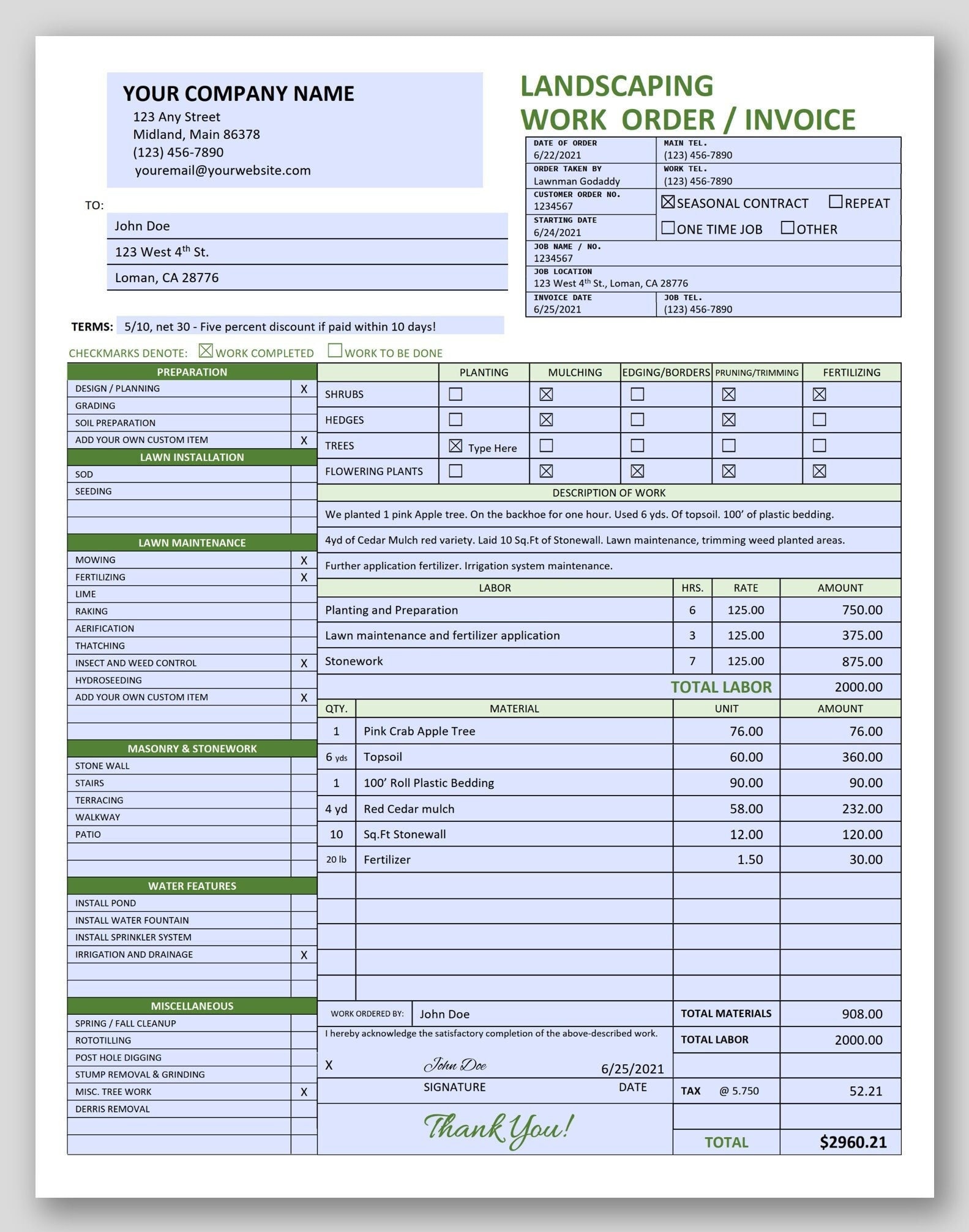 Landscaping Invoice or Work Order, Printable, Editable Invoice or ...