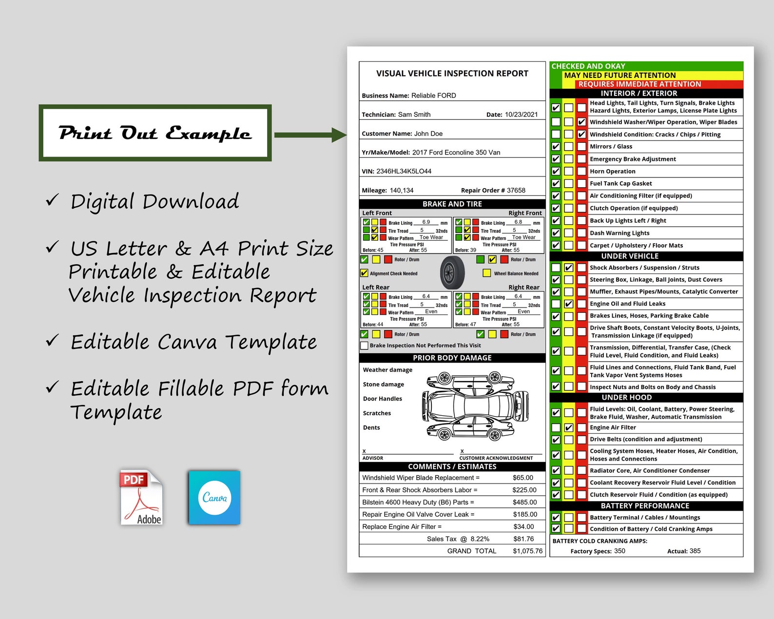 PDF Printable Vehicle Inspection Report, EDITABLE Used Vehicle ...