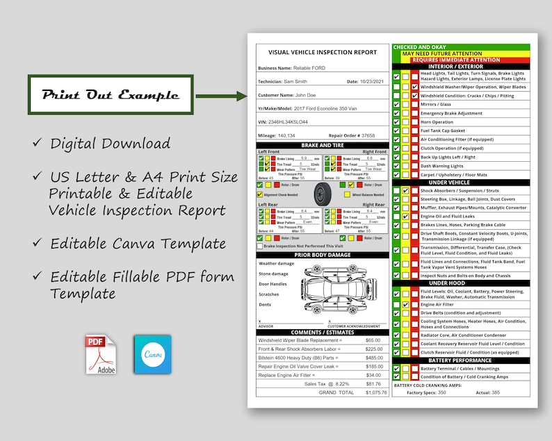 PDF Printable Vehicle Inspection Report EDITABLE Used Vehicle - Etsy