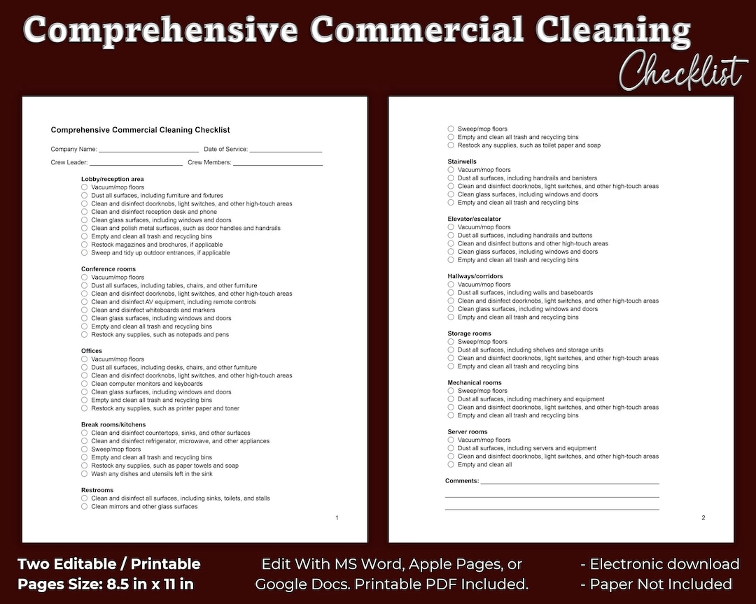 EDITABLE Commercial Cleaning Checklist (comprehensive), Office Cleaning ...