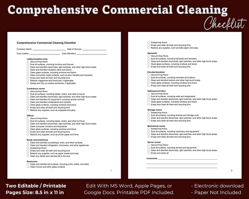 EDITABLE Commercial Cleaning Checklist comprehensive Office - Etsy ...