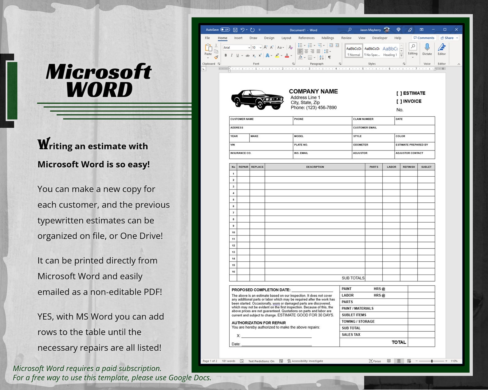 Editable Auto Body Repair Estimate Template, WORD, Google Docs ...