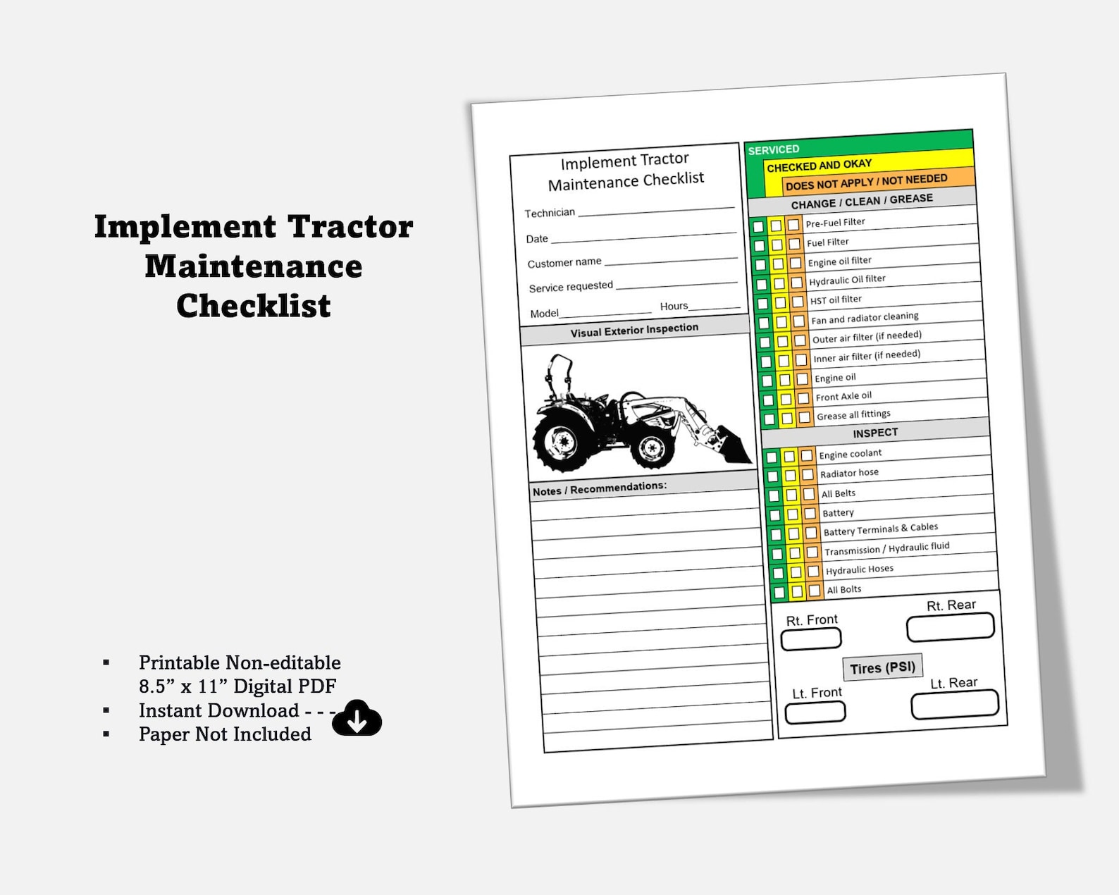 Printable Tractor Checklist Template (uneditable PDF), Tractor ...