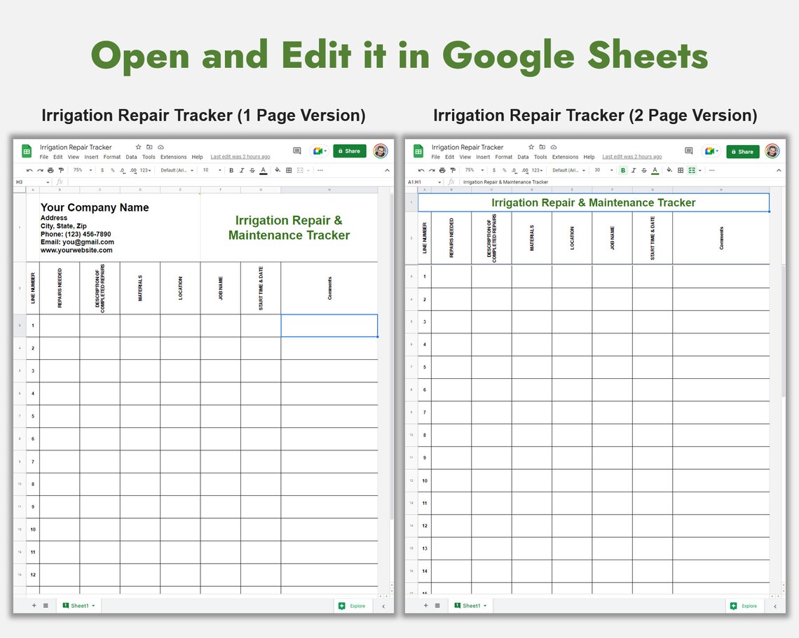 Irrigation Repair & Maintenance Tracker or Log Sheet, Irrigation ...