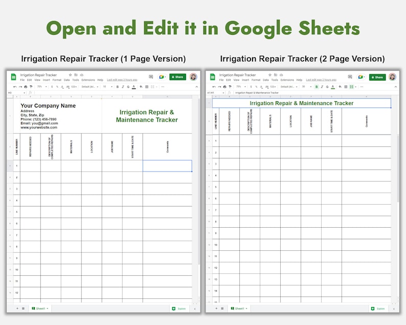 Irrigation Repair & Maintenance Tracker or Log Sheet, Irrigation ...