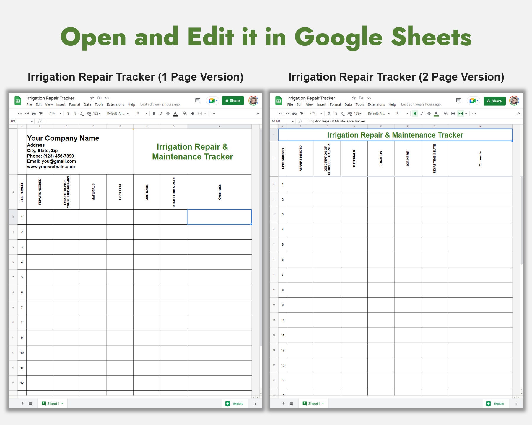 Irrigation Repair & Maintenance Tracker or Log Sheet, Irrigation ...