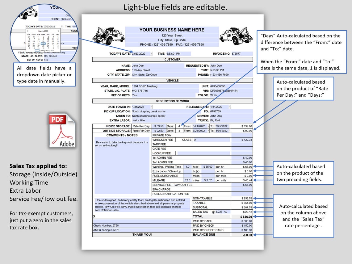 Towing Invoice Template, Auto-calculated PDF Towing Invoice Form ...