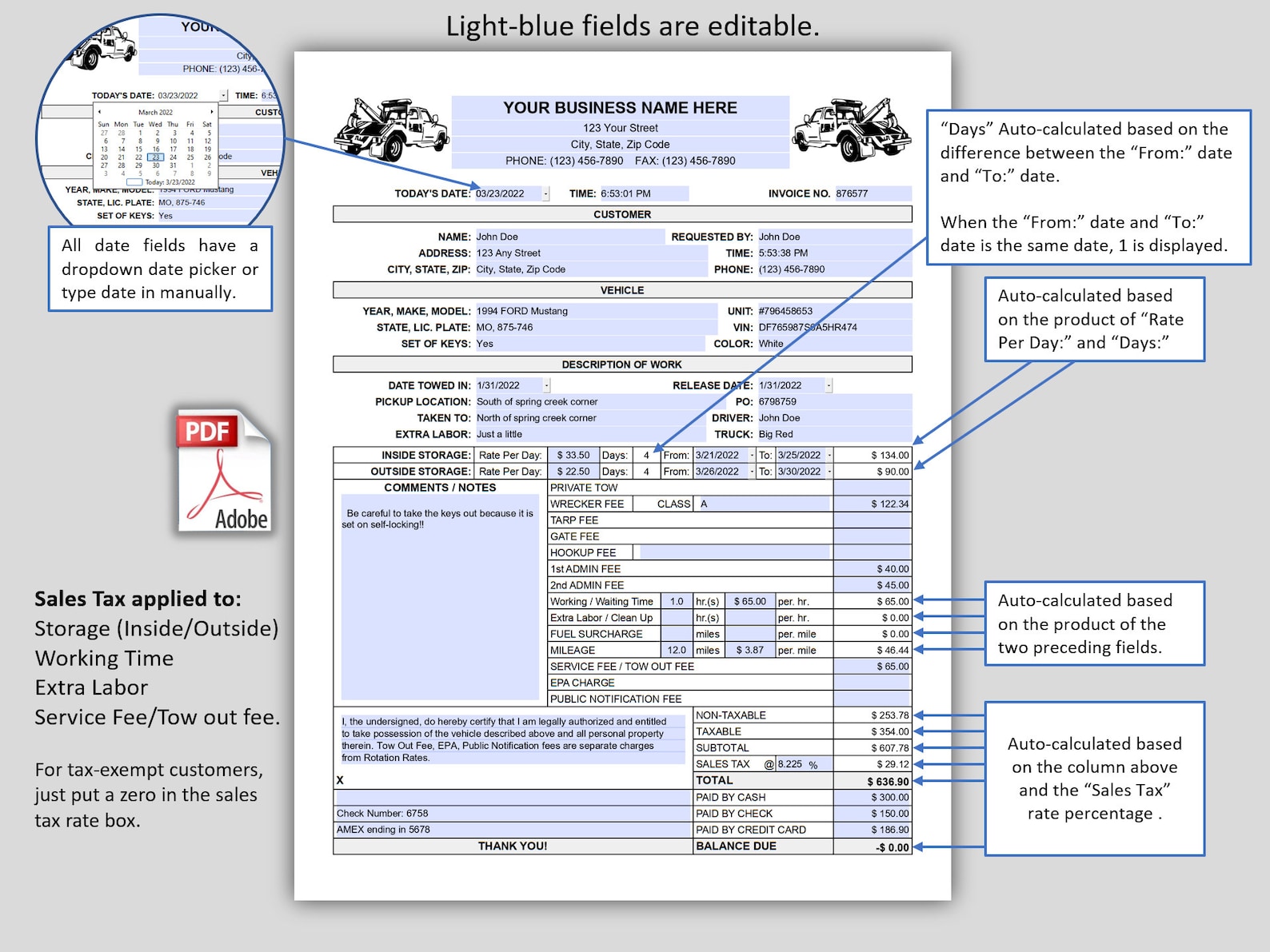 Towing Invoice Template, Auto-calculated PDF Towing Invoice Form ...