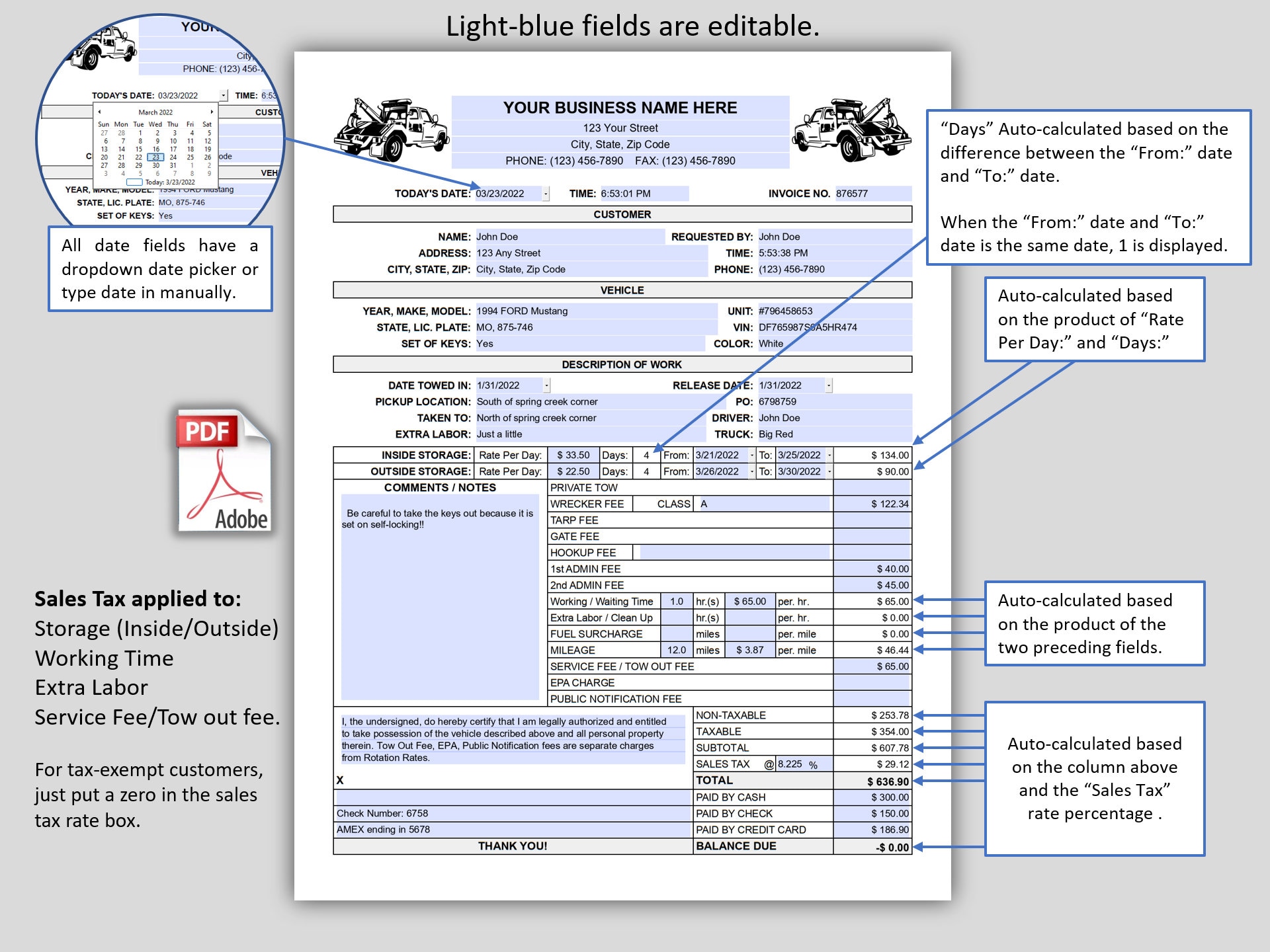 Towing Invoice Template, Auto-calculated PDF Towing Invoice Form ...