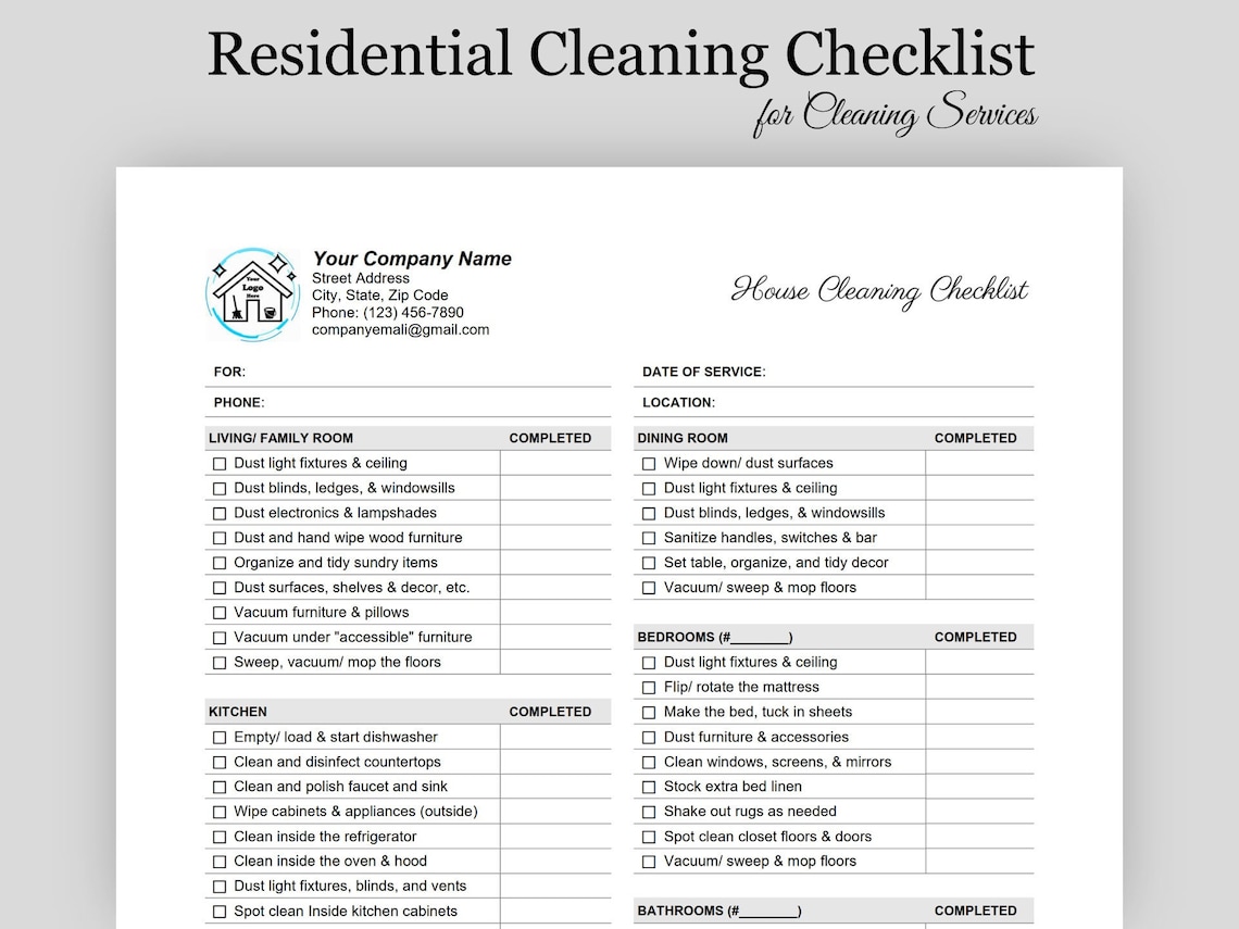 Cleaning Checklist for Cleaning Service, Pro Residential House Cleaning ...