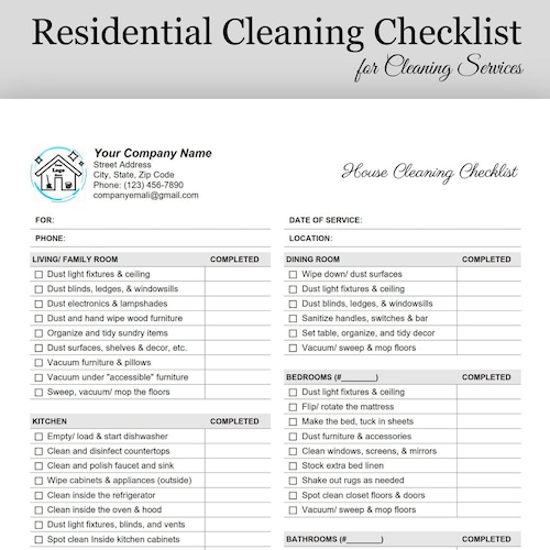 Cleaning Checklist for Cleaning Service Pro Residential House - Etsy ...