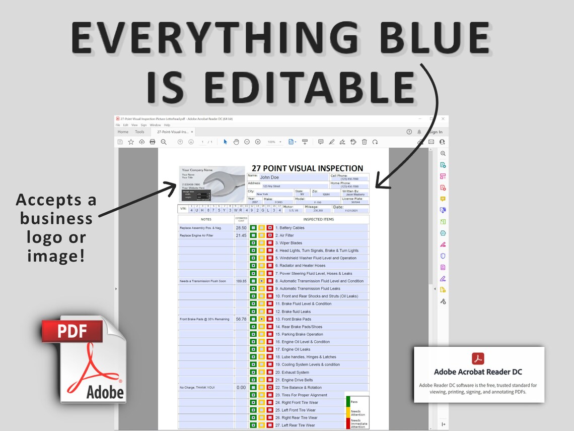 27 Point Visual Vehicle Inspection Form Fillable PDF - Etsy