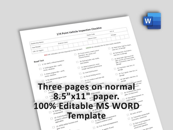 174 Point Vehicle Inspection Checklist WORD Multi-point | Etsy
