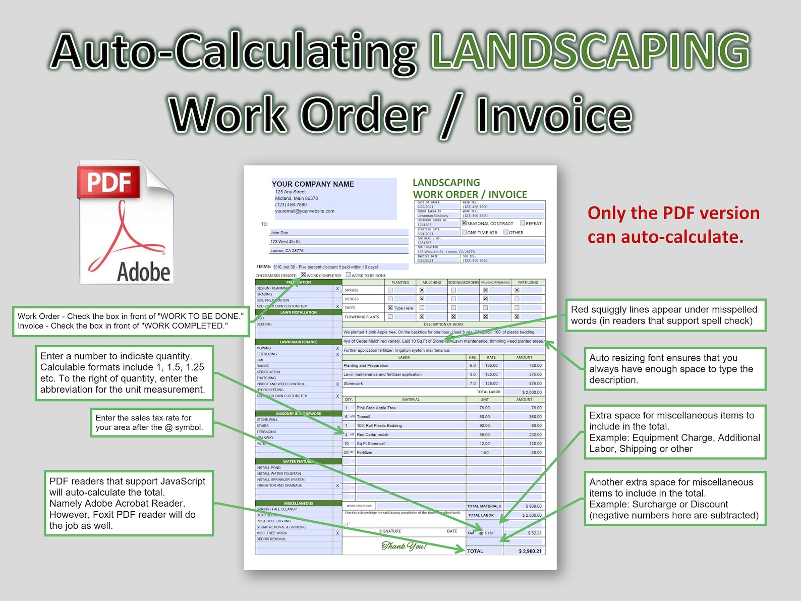 Lawn Care & Landscaping Invoice or Work Order, Editable, Printable, PDF ...