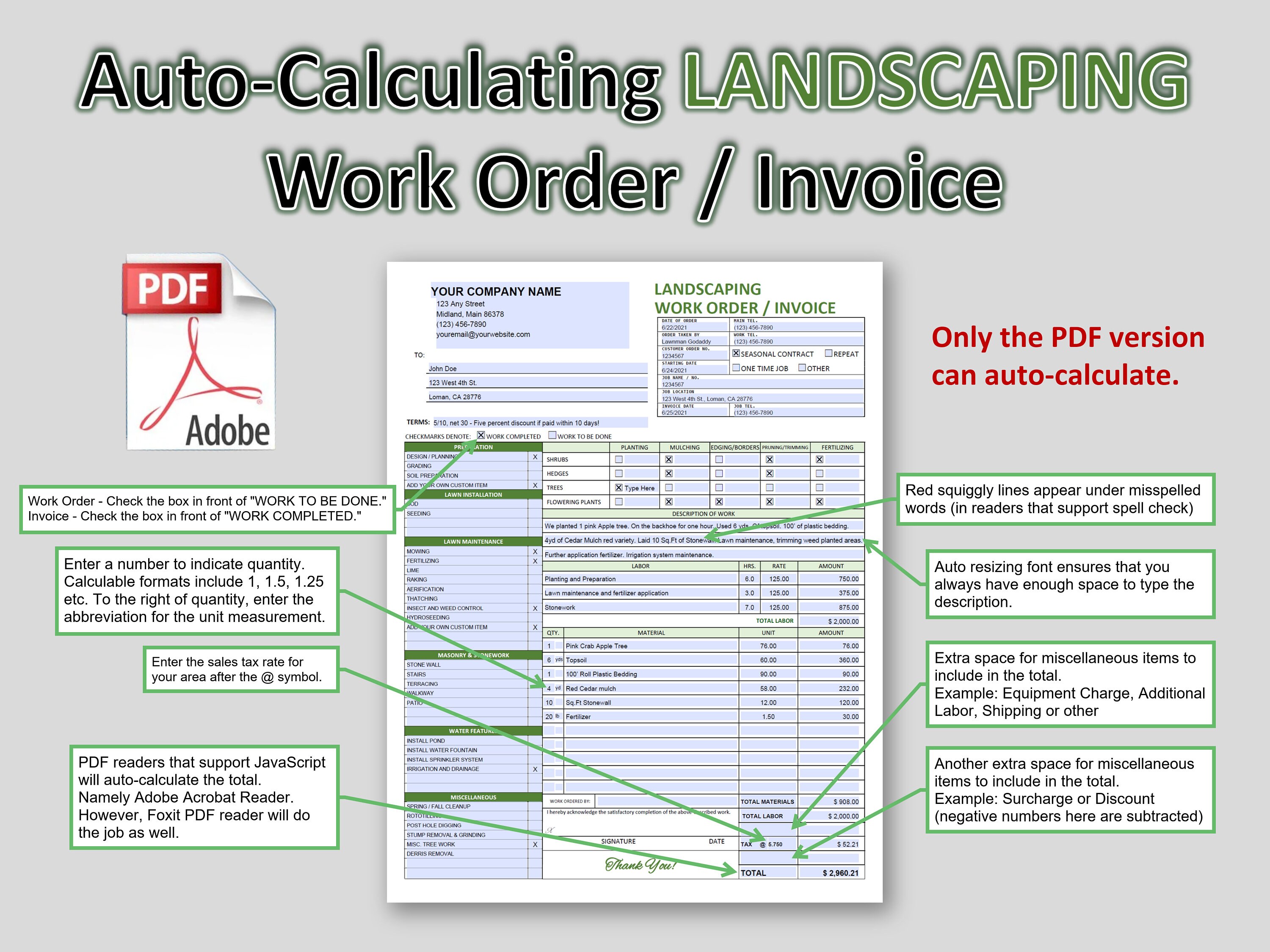 Lawn Care & Landscaping Invoice or Work Order Editable - Etsy