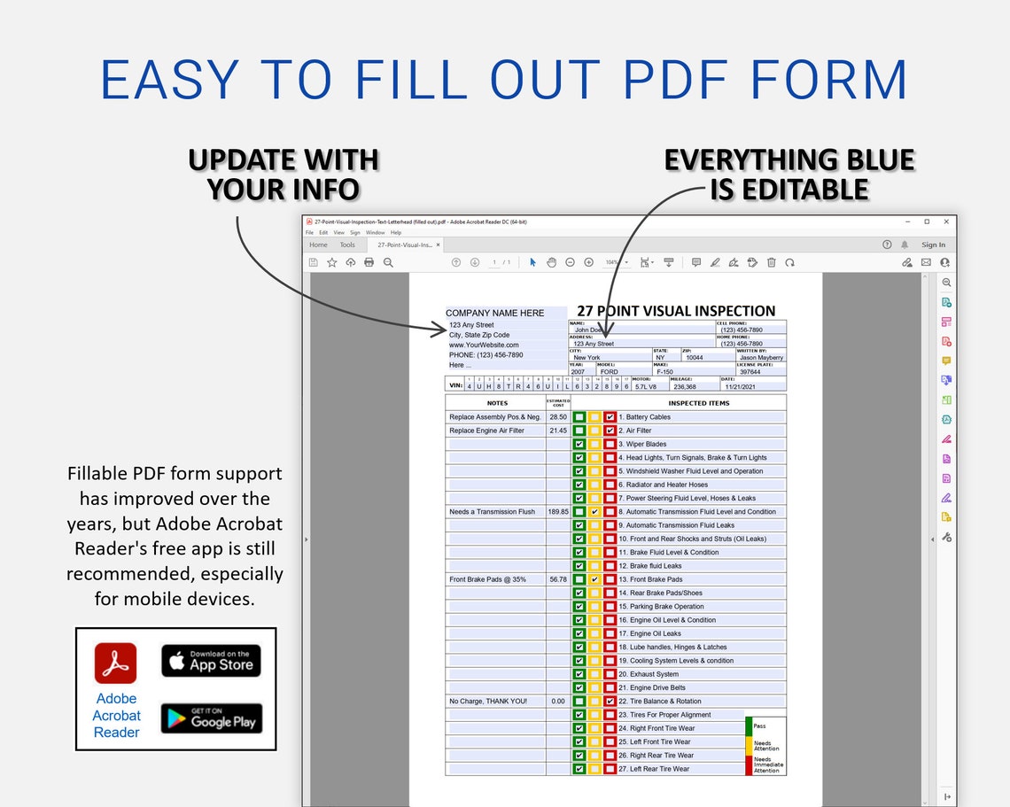 27 Point Visual Vehicle Inspection Form | Fillable PDF Multi-point ...