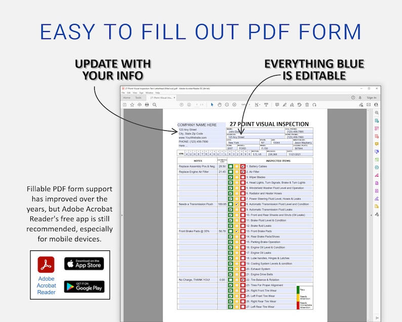 27 Point Visual Vehicle Inspection Form | Fillable PDF Multi-point ...