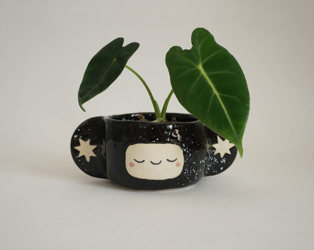 Cute Face Mini Ceramic Planter, Black Handmade Planter, Succulents ...