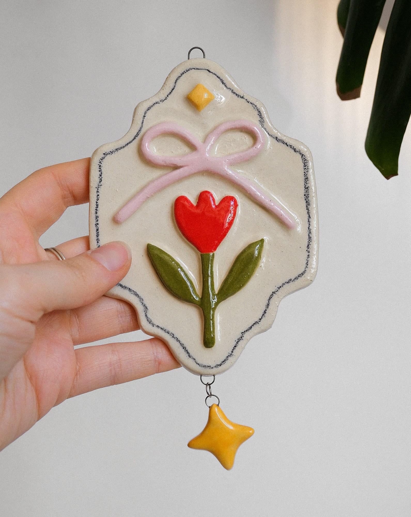 Ceramic Wall Hanging Frame With Bow and Red Tulip, Nursery Decor ...