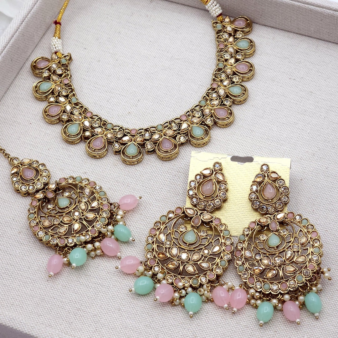 Antique Gold Polki Stone Pearl Flexible Choker Necklace With Earrings ...