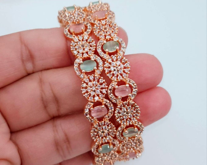 Mint Pink CZ Indian Bangle Set: Rose Gold Bridal Jewelry - Etsy