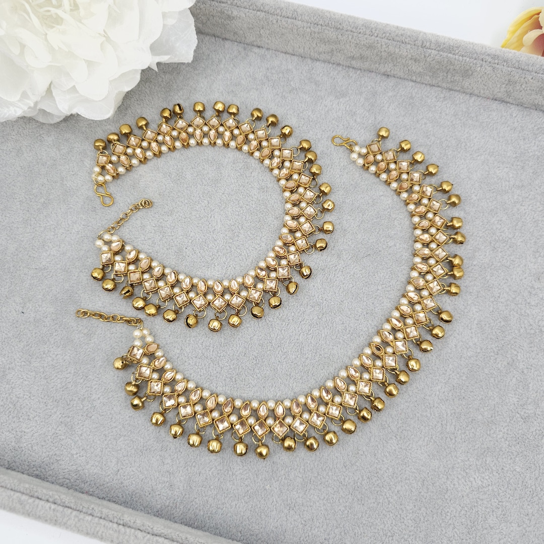Antique Gold Finish Polki Statement Indian Asian Anklets With Bell ...