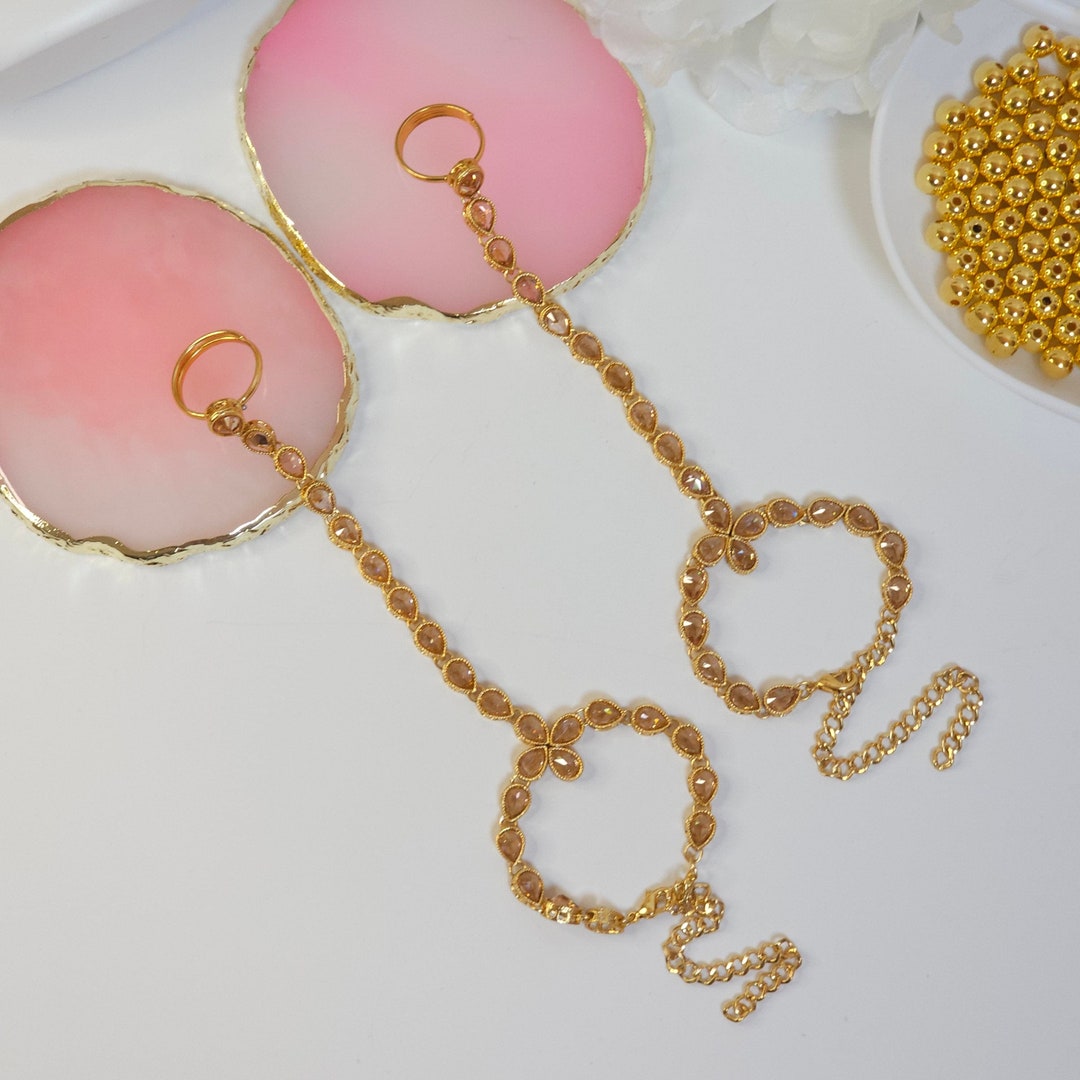 Muneera Gold Plated Polki Tear Drop Hand Chain Ring - Finger Bracelet ...